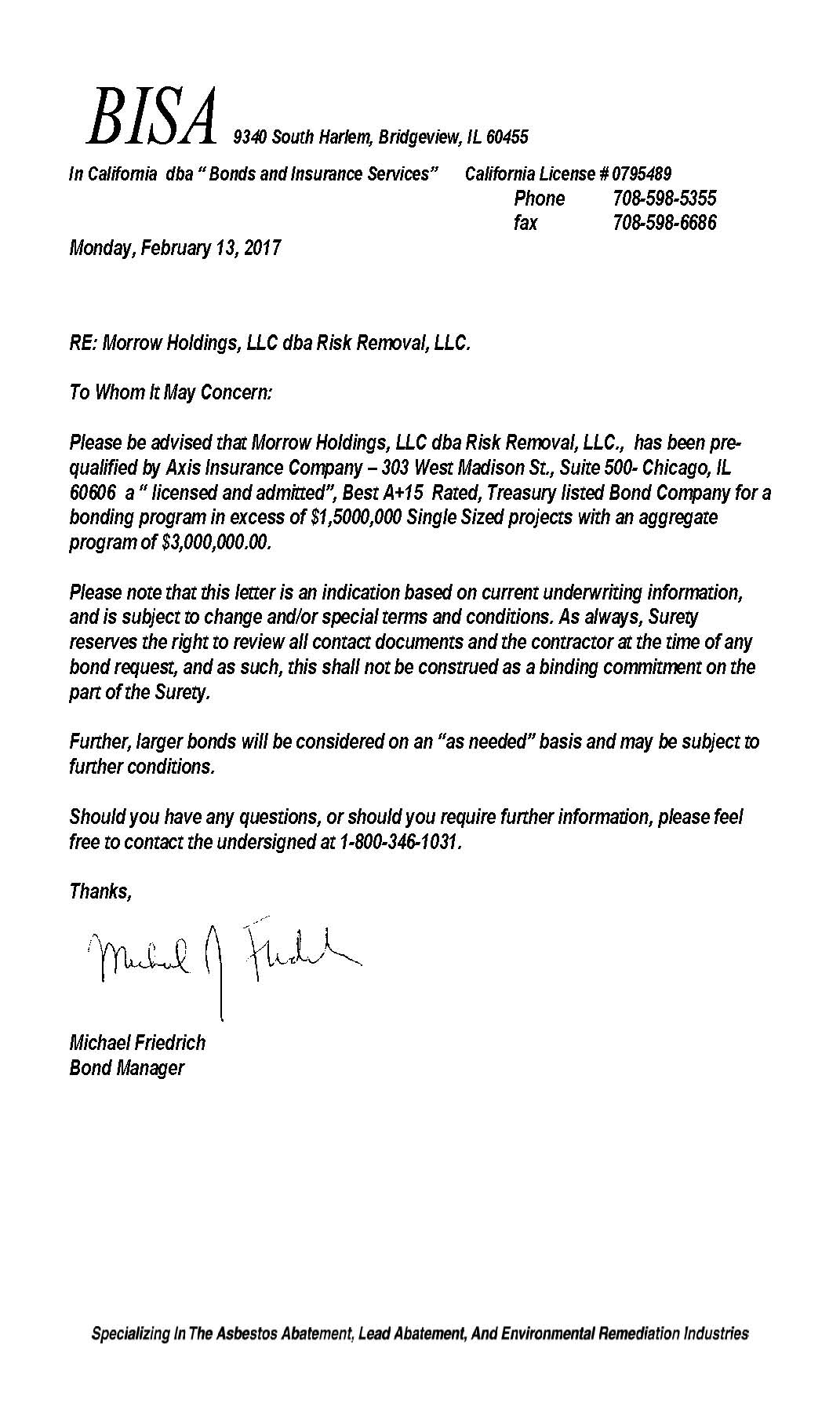 Insurance & Bonding - Risk Removal